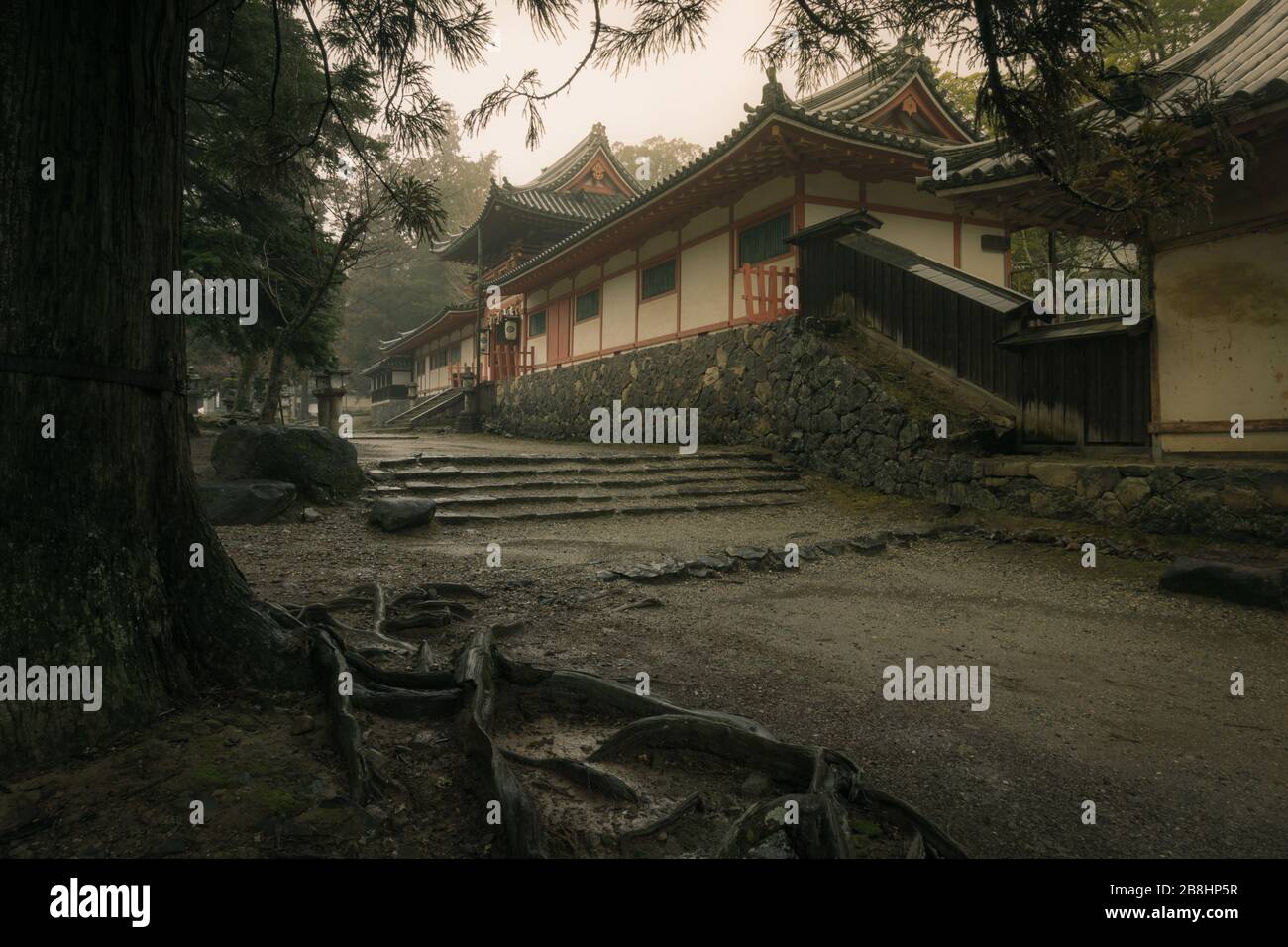 The entrance of Tamukeyama Hachiman Shrine in Nara, Japan on a wet ...