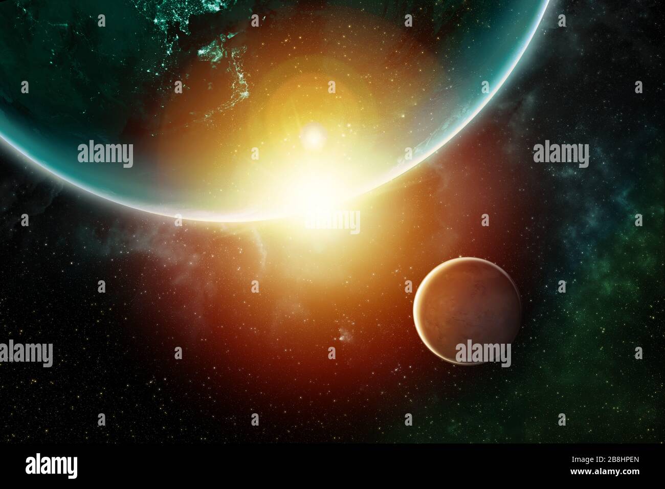 Mars and the Earth with colorful gases in the Universe Space with gases ...