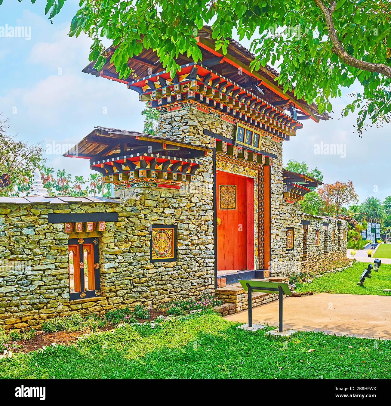 Traditional Bhutanese architecture with wooden carvings, fine patterns ...