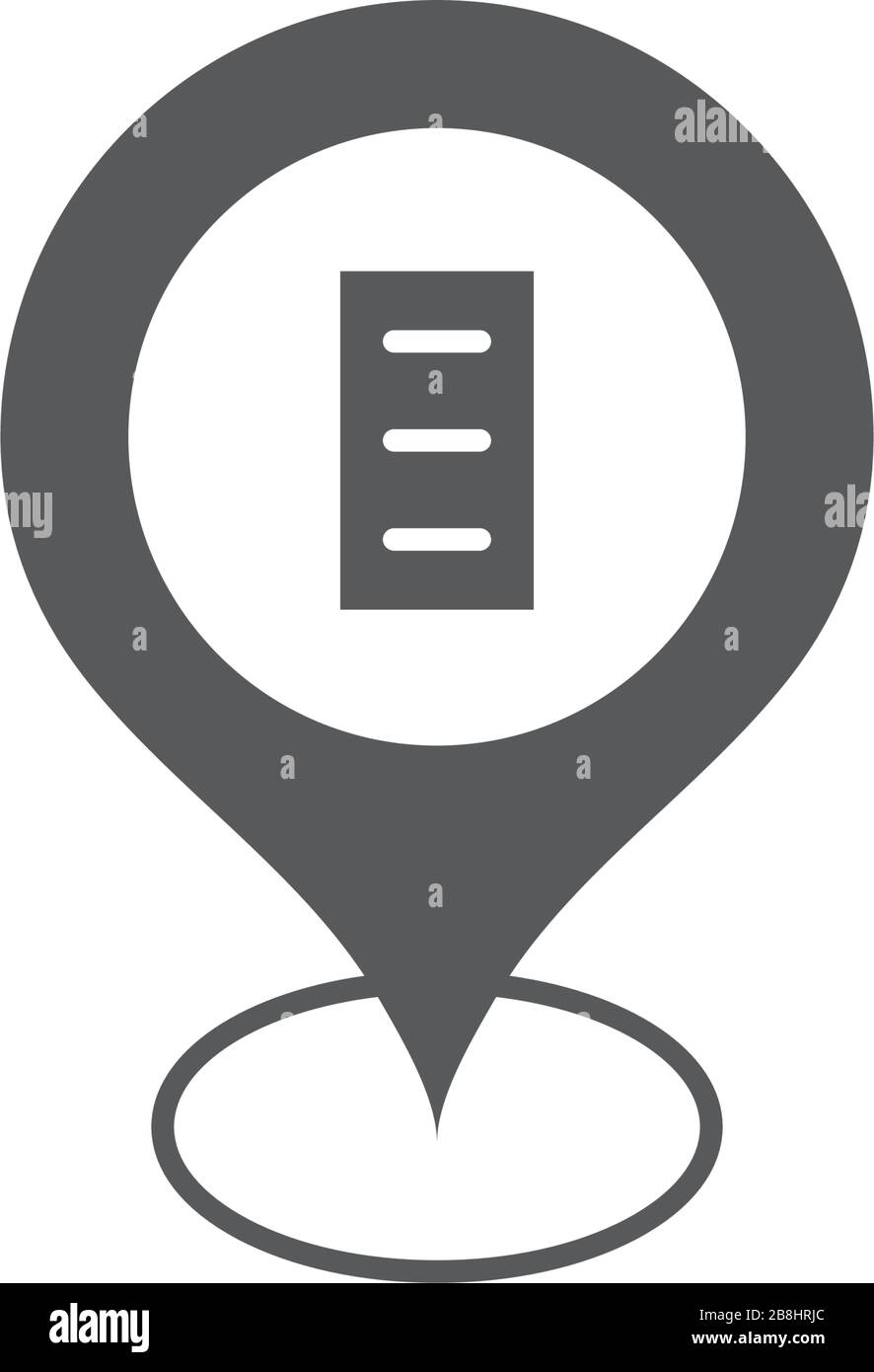 Office building and map pin vector icon symbol isolated on white ...