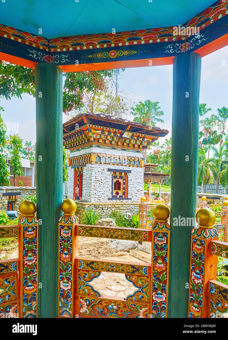 The view from the colorful wooden pavilion on the stone Buddhist shrine ...