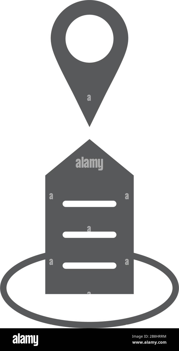Office building and map pin vector icon symbol isolated on white ...