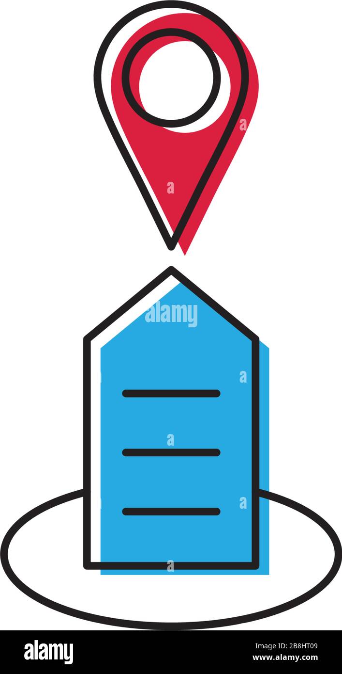 Office building and map pin vector icon symbol isolated on white ...
