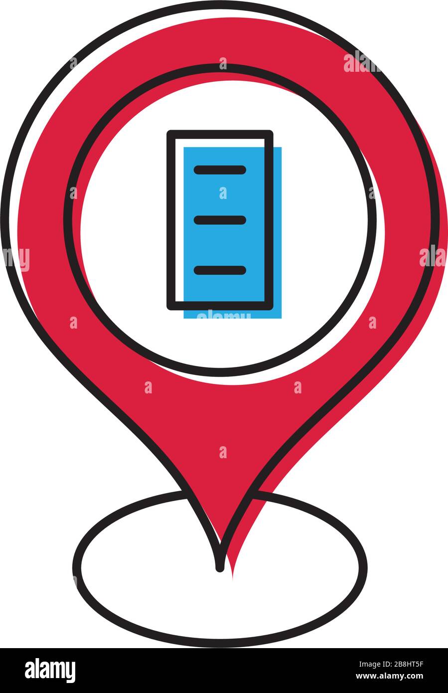 Office building and map pin vector icon symbol isolated on white ...