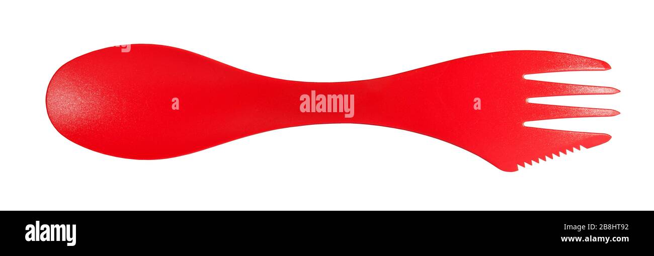 Red plastic tourist spoon and fork isolated on a white background Stock ...