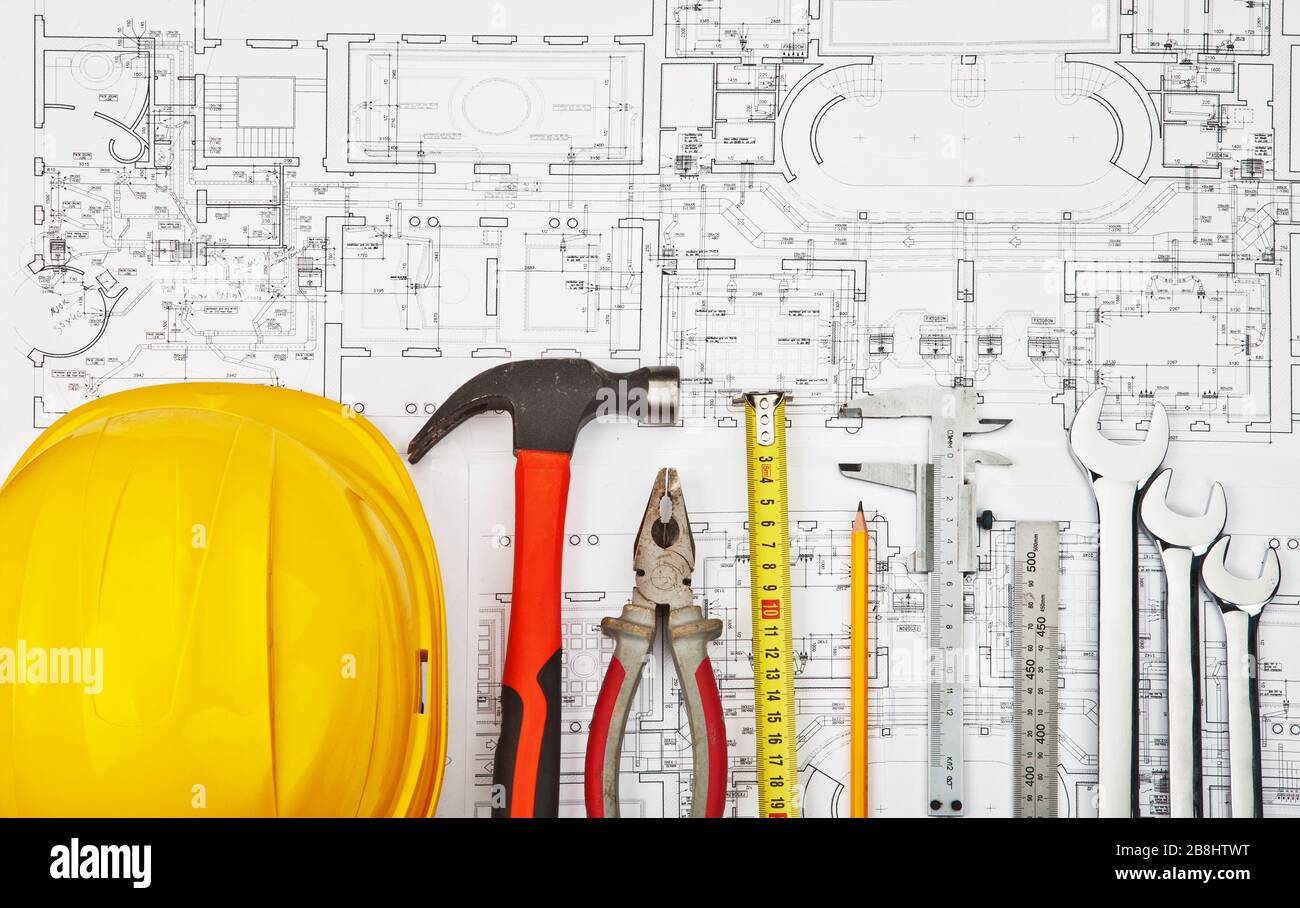 construction drafts and tools background Stock Photo - Alamy