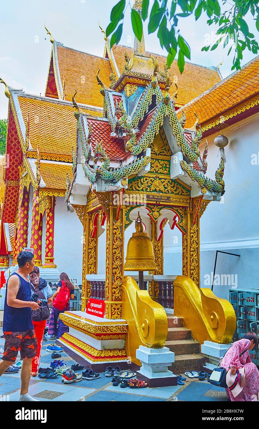 CHIANG MAI, THAILAND - MAY 7, 2019: The golden Buddhist ritual bell ...