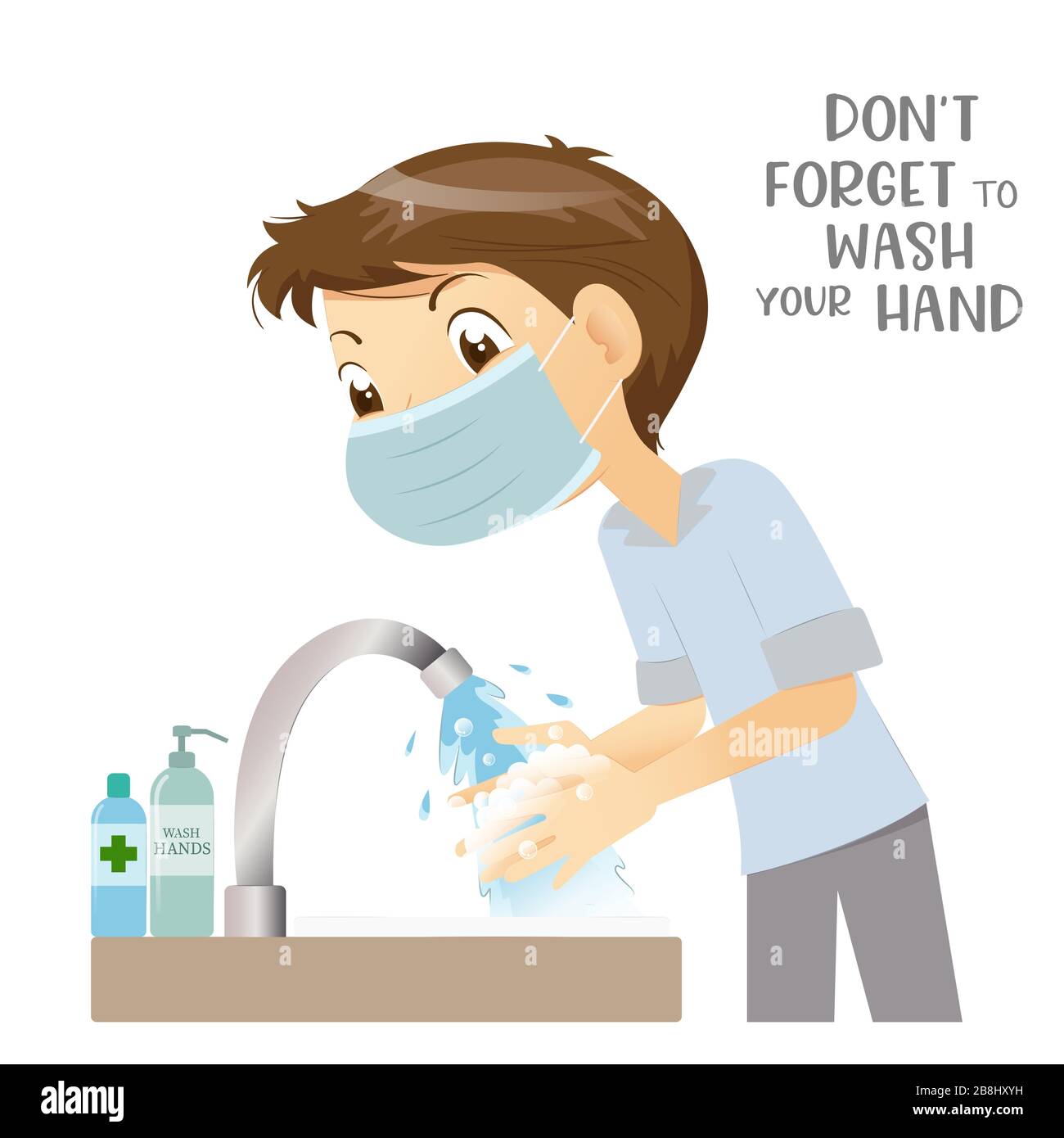 Man wears medical surgical mask washing hand with soap, safe from virus ...