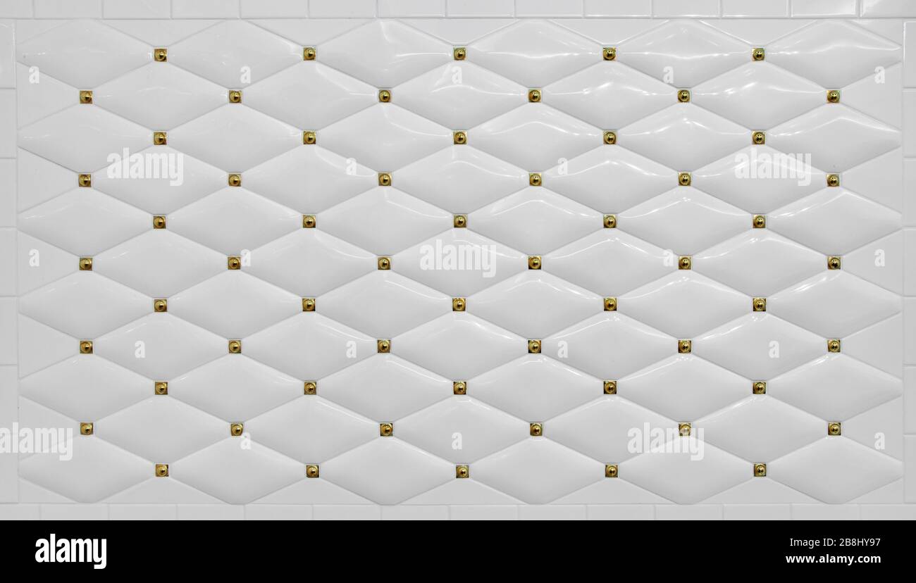 Clean Simple White Tile Wall Background with golden detailing Stock ...