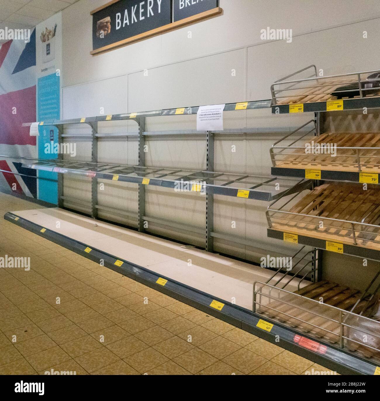 Empty bakery shelves in the supermarket due to coronavirus panic buying ...