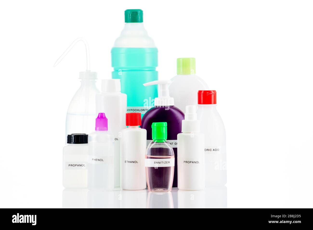 disinfectant, sanitizer in plastic packaging on a white background ...