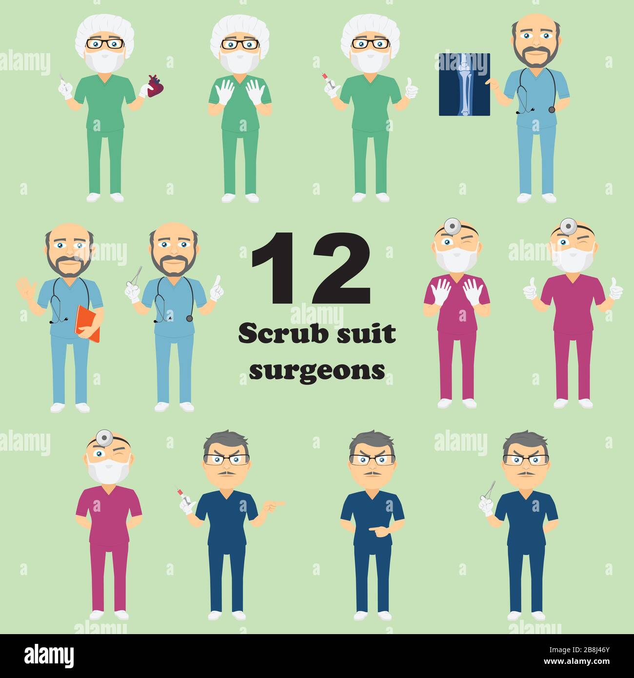 Set of twelve surgeons wearing scrub suits in blue, green and purple ...