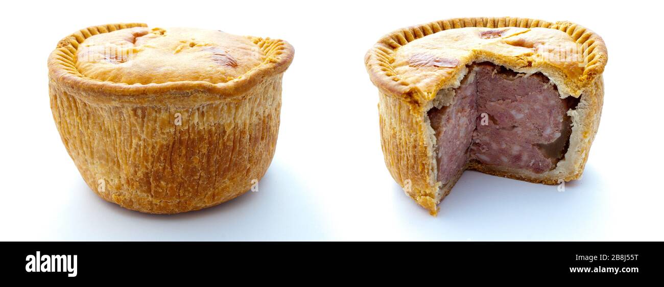 Two pork pies separately isolated on white, one whole and the other ...