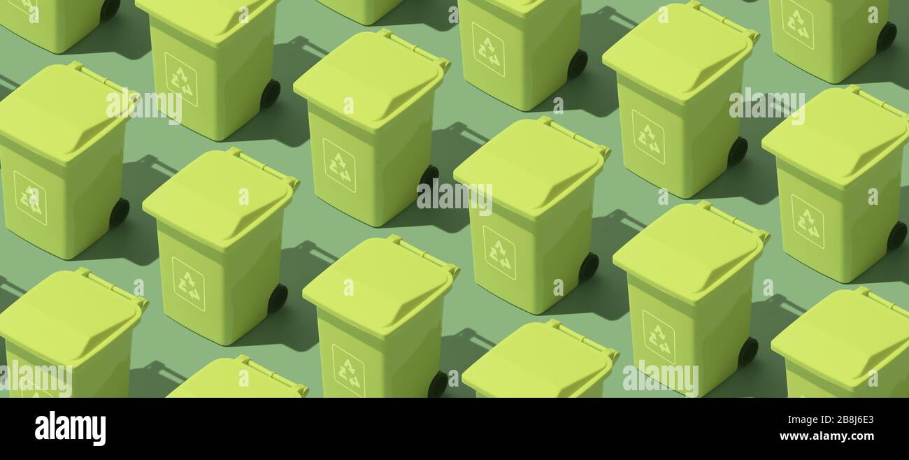 Green isometric garbage bins background, waste collection and ecology ...