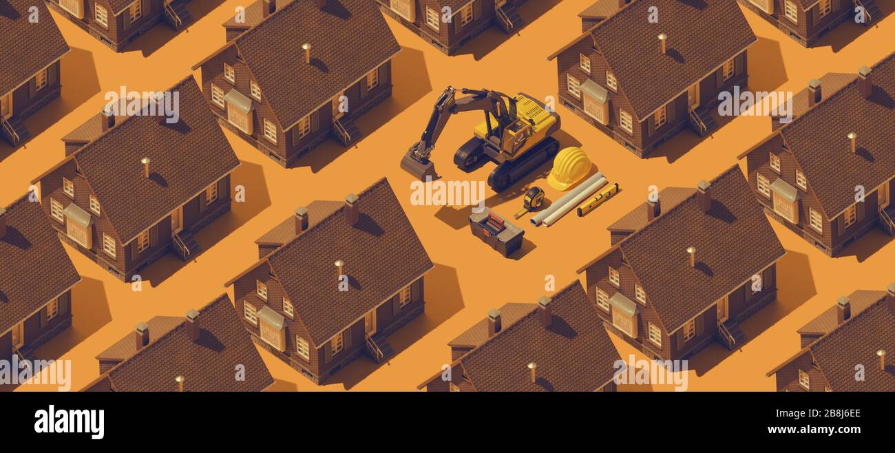 Real estate background with repetition of model houses, excavator and ...