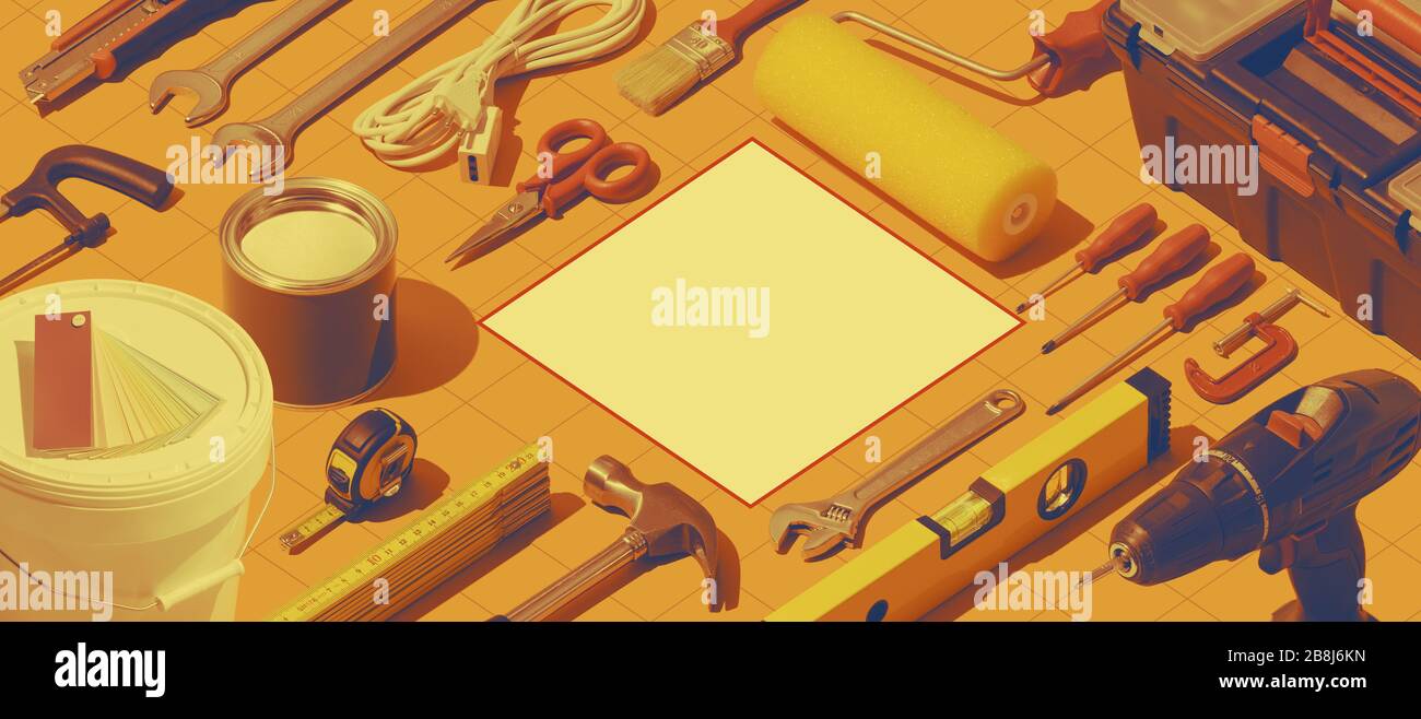 DIY, home repair and construction background with isometric hardware ...