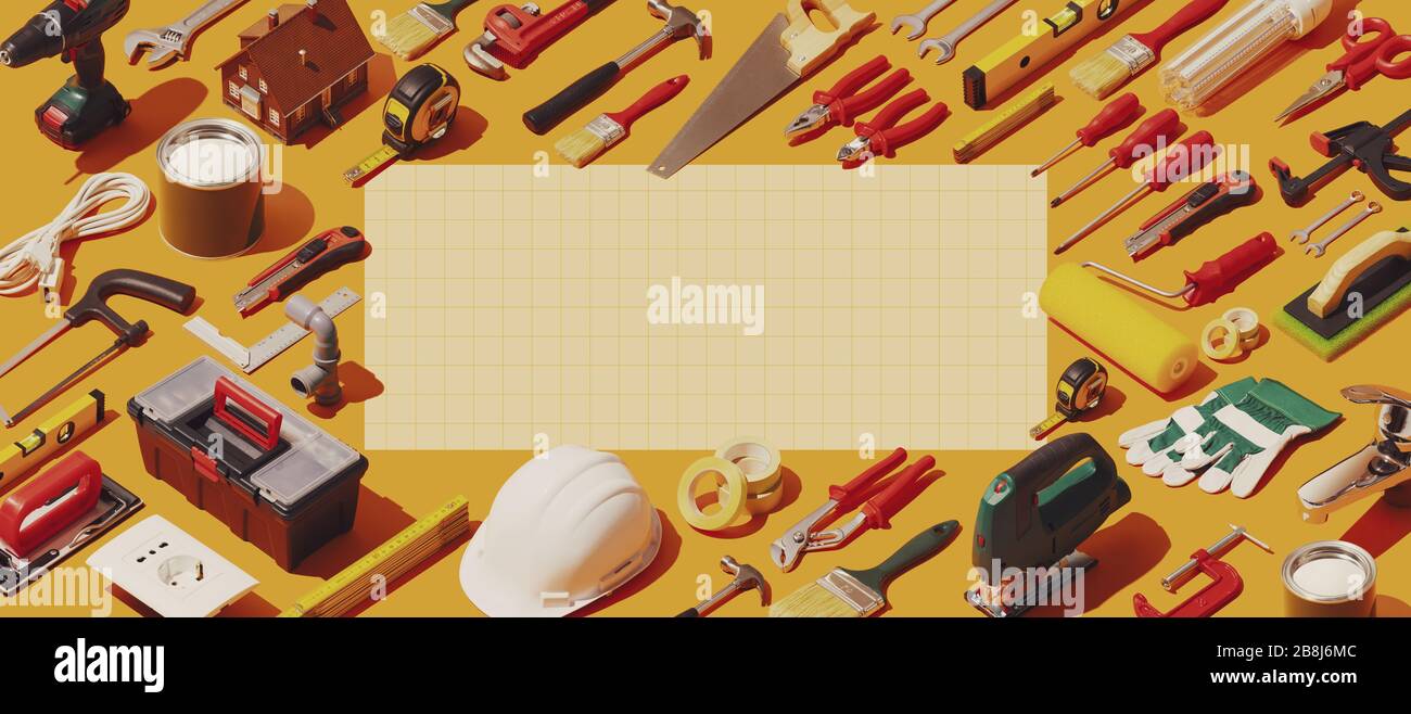DIY, home repair and construction tools frame with blank copy space ...