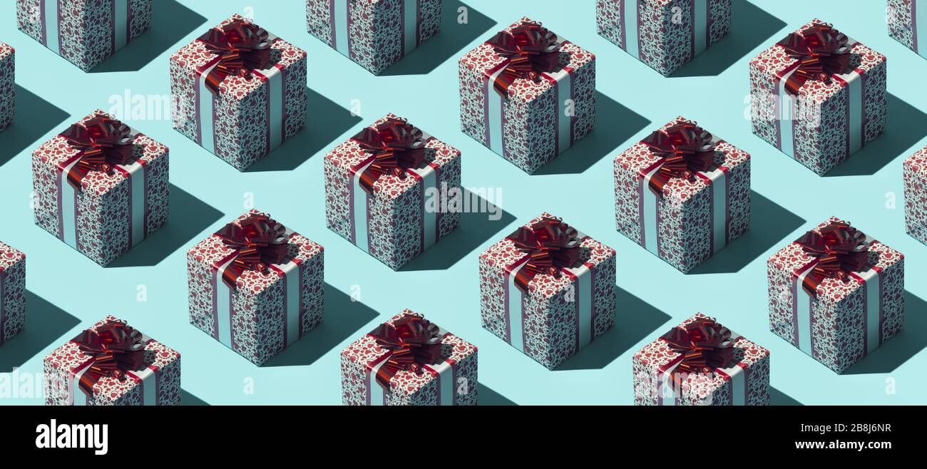 Gift boxes background with repetition of identical presents Stock Photo ...