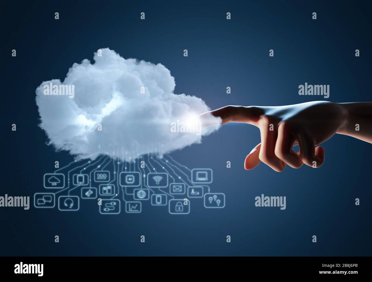 Cloud computing technology concept with 3d rendering human hand with ...