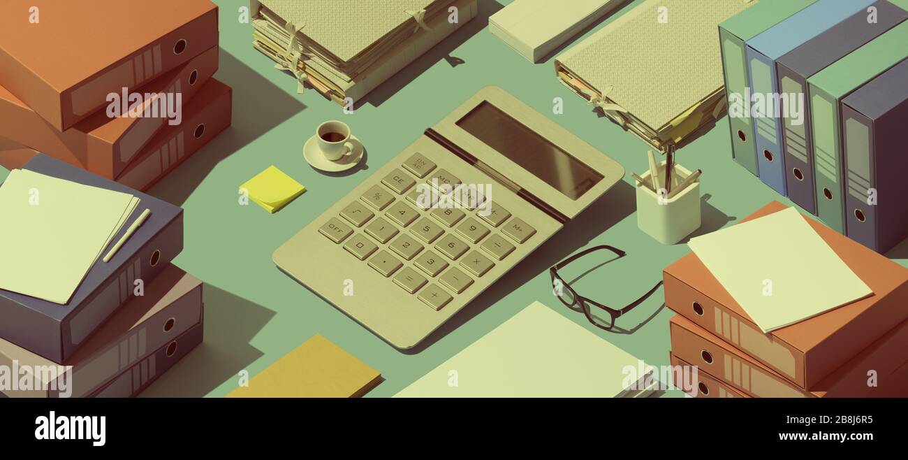 Accountant business desktop with big calculator and piles of paperwork ...