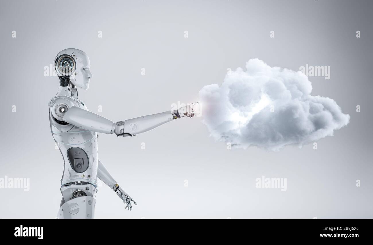 Cloud computing technology concept with 3d rendering cyborg work with cloud Stock Photo - Alamy