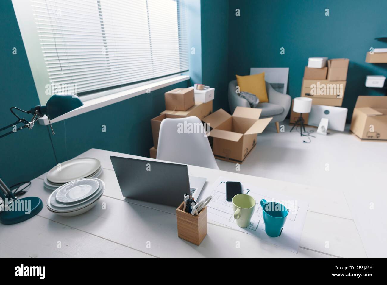 House interior with cardboard boxes, home relocation concept Stock ...