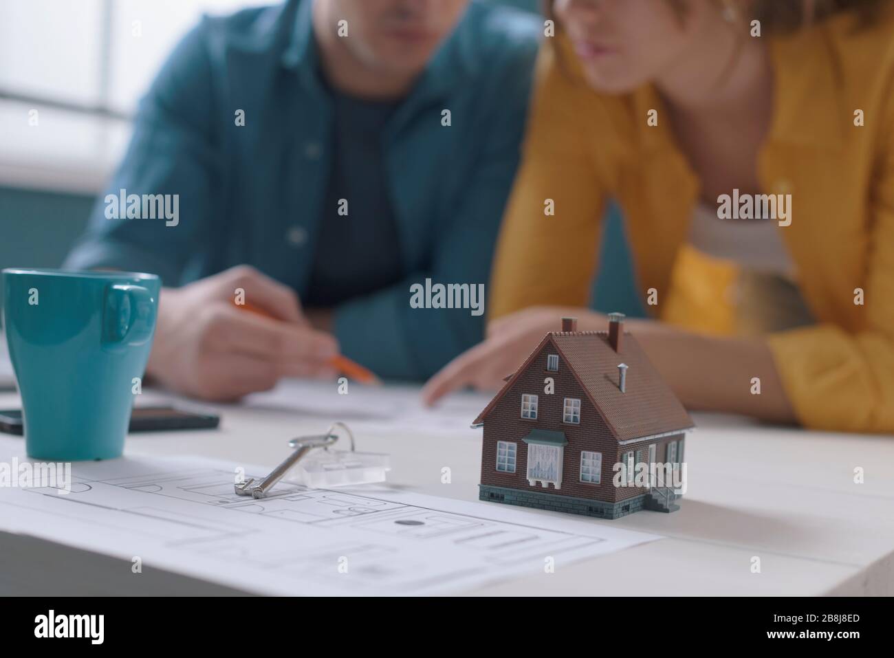 Young couple working on their home project together and checking the ...