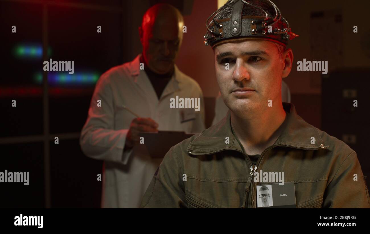 Scientists making experiments on a human brain in a vintage style lab ...