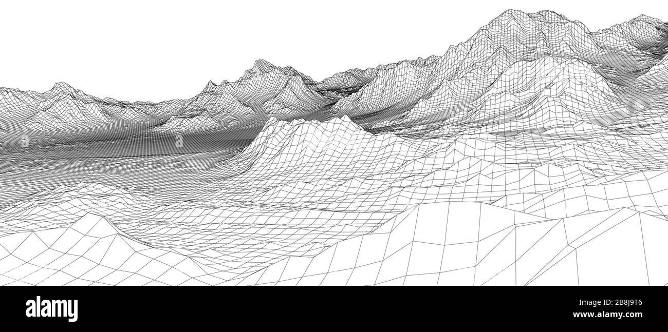 Abstract 3d wire-frame landscape. Blueprint style. Vector rendering ...