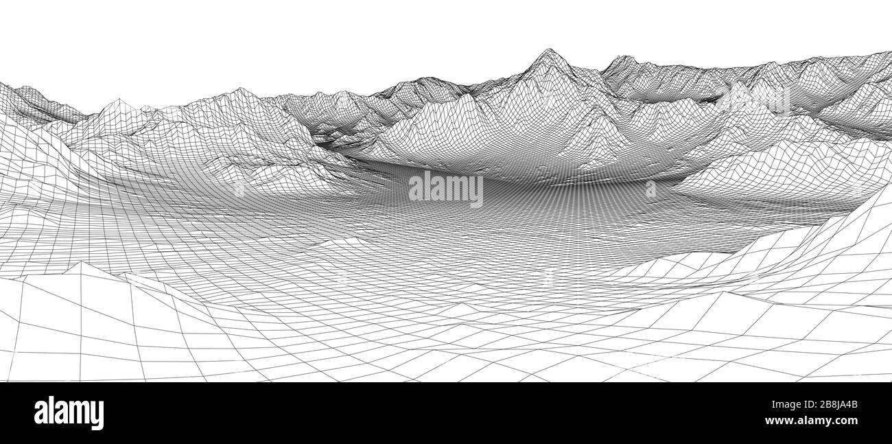 Abstract 3d wire-frame landscape. Blueprint style. Vector rendering ...
