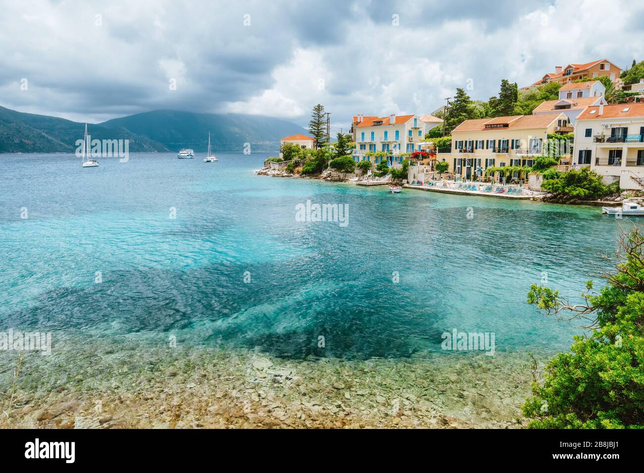 Fiskardo village with beautiful clouds above on Kefalonia Island ...