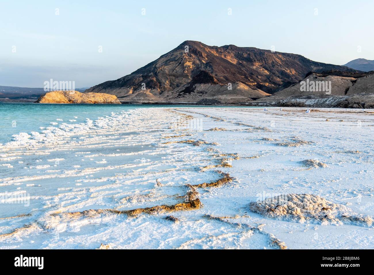 Africa, Djibouti, Lake Assal. Salt crystals emerging from the water ...