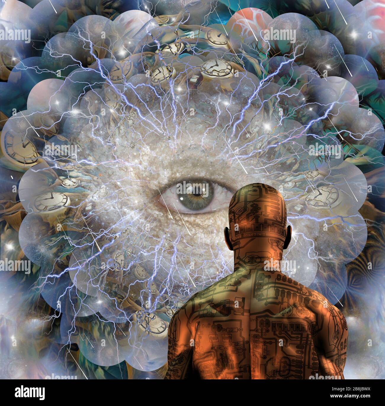 Cyborg before the eye of Creator. Winged clocks represents flow of time ...