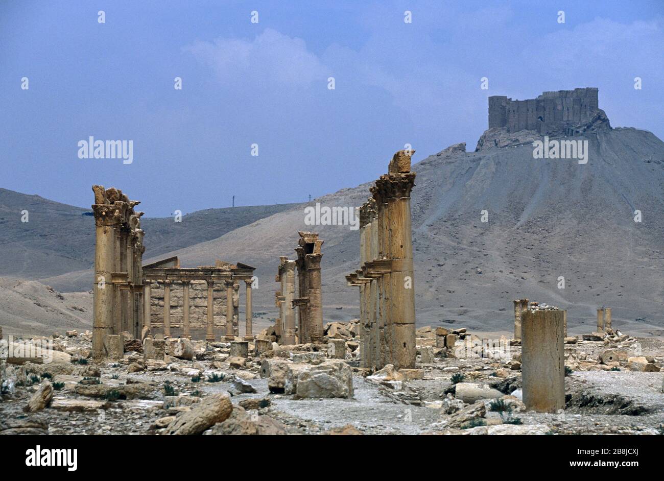 Great colonnade and Qala´at ibn Maan. Ruins of ancient Aramaic city of ...