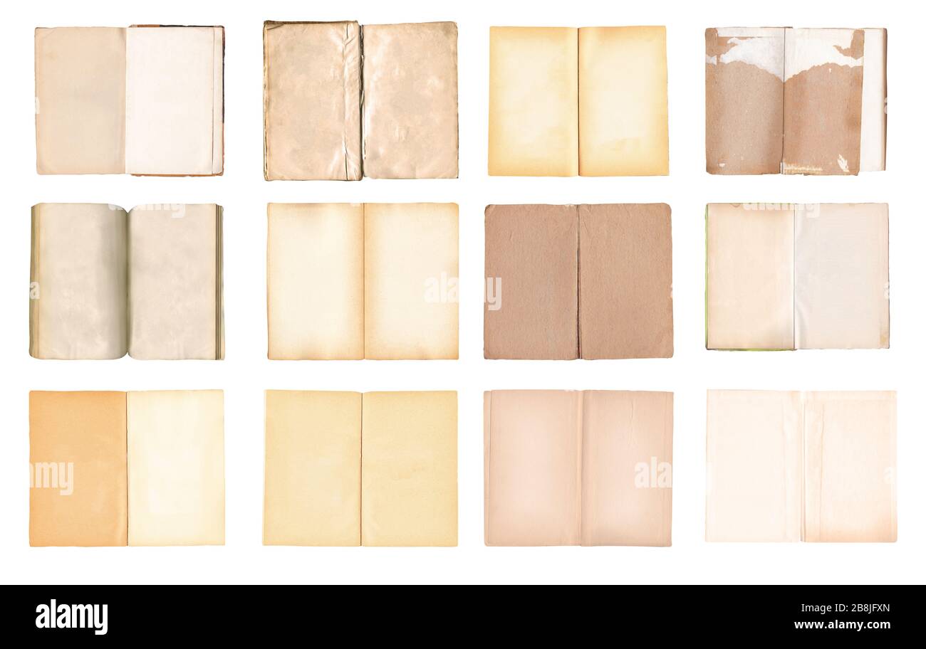 Set of different old book open. Collection of different open old books ...