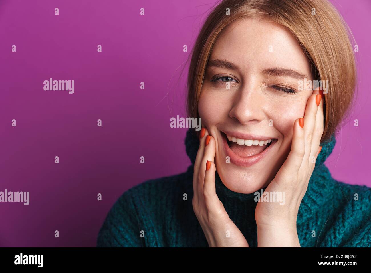 Image of positive optimistic young woman posing isolated over purple ...