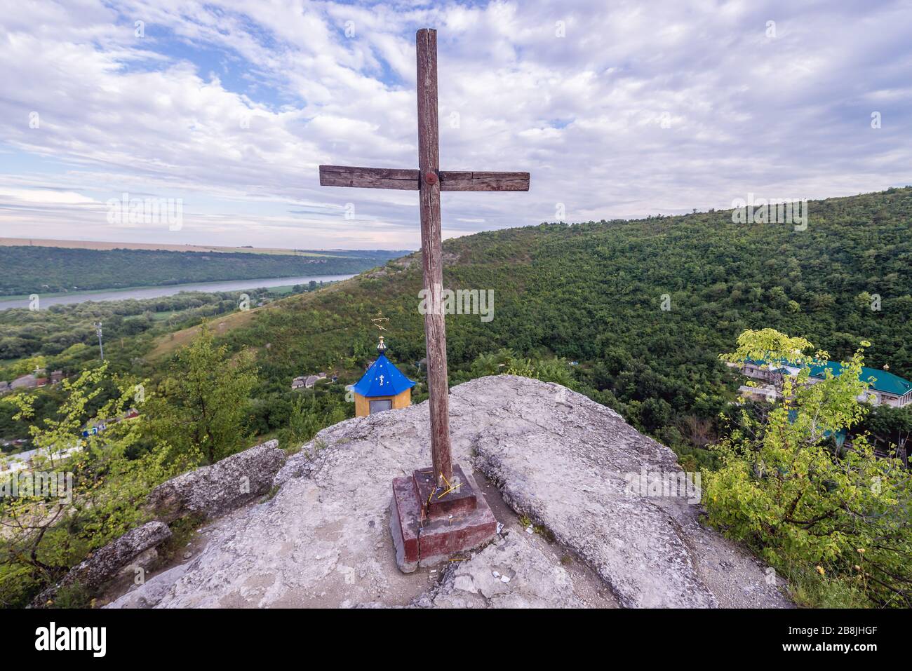 Cross and chapel on a rock above Holy Trinity Saharna Monastery in ...