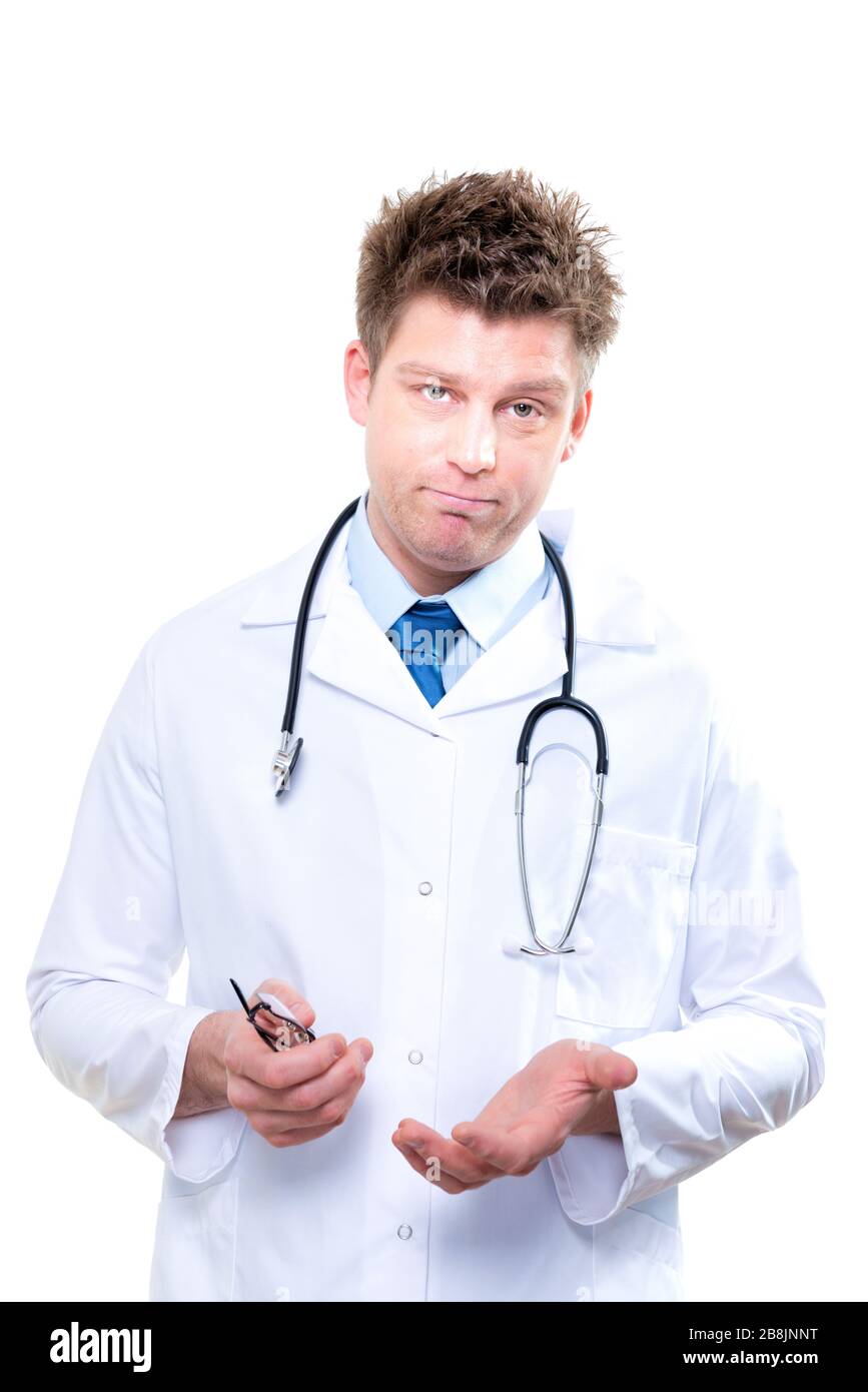 Expressive male doctor with stethoscope. Isolated Stock Photo - Alamy