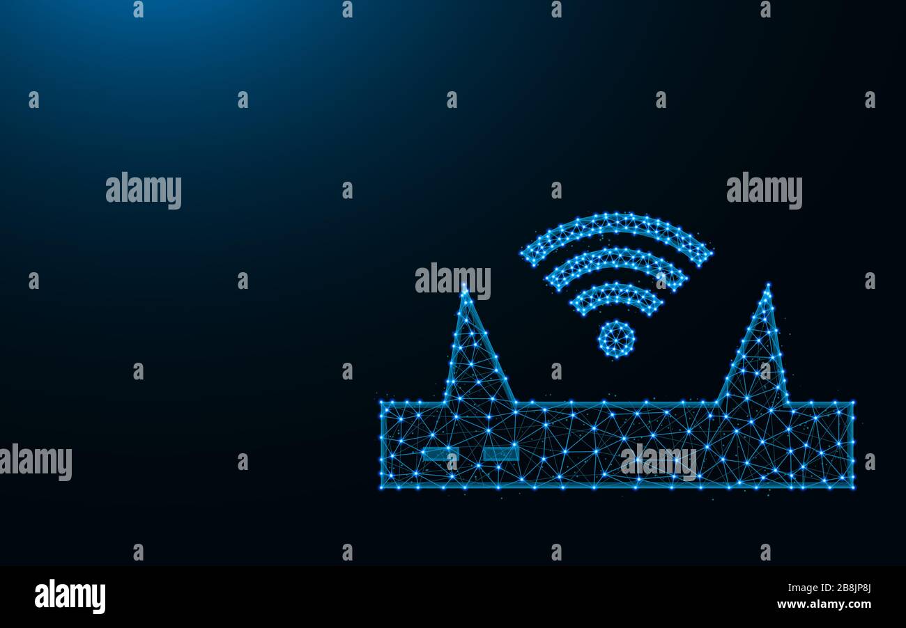 Wi-Fi router made from points and lines on dark blue background, device ...