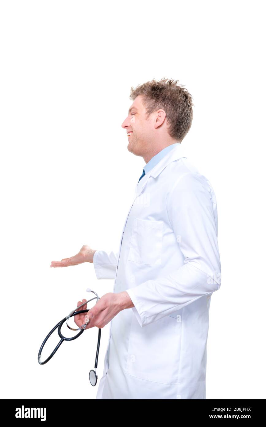 Side view of doctor speaking somebody with stethoscope Stock Photo - Alamy