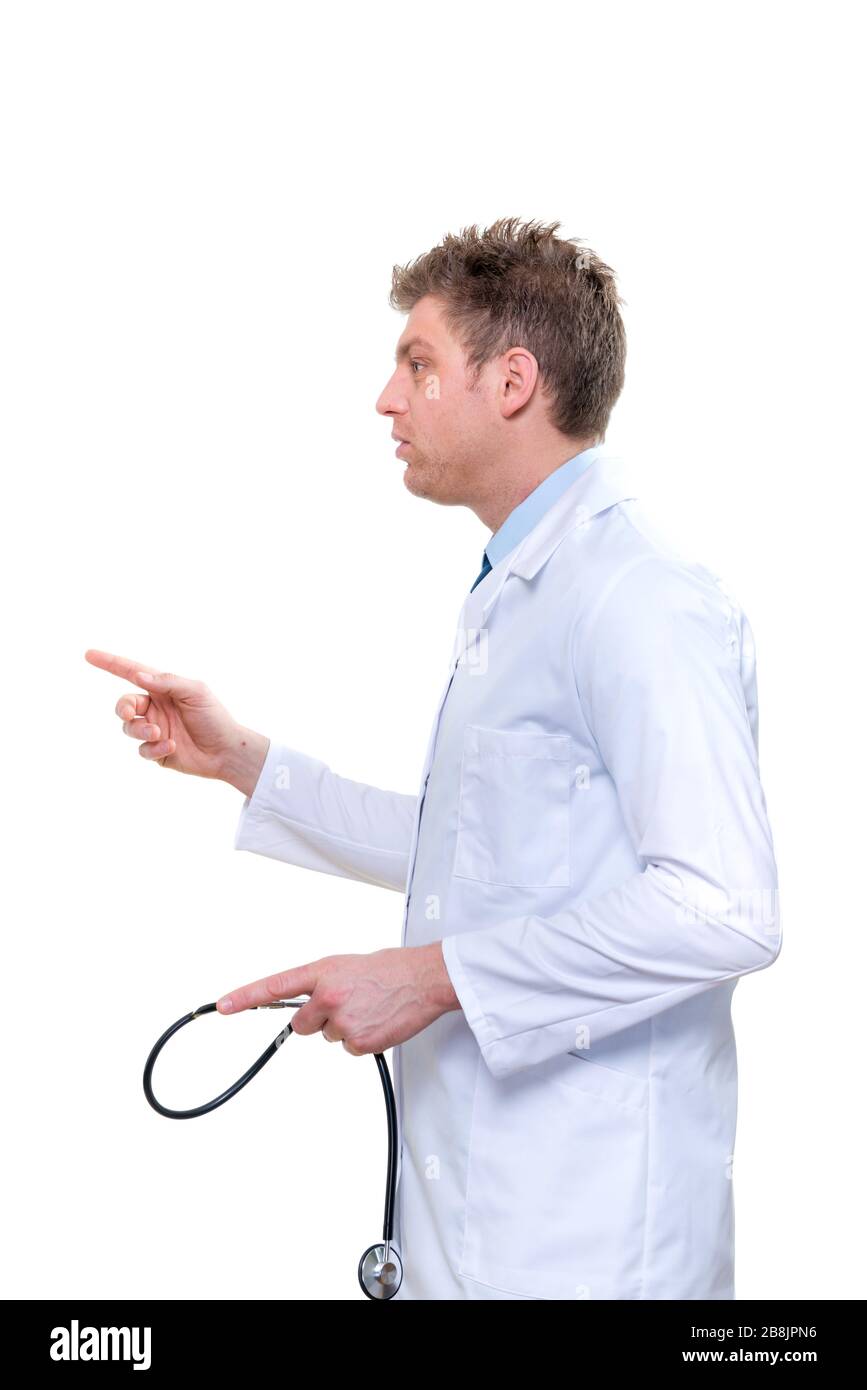 Expressive male doctor speaking somebody with stethoscope Stock Photo ...