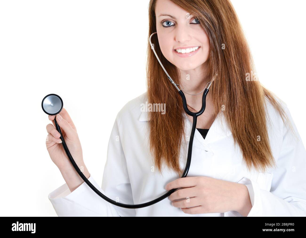 Pretty female doctor isolated over a white background Stock Photo - Alamy