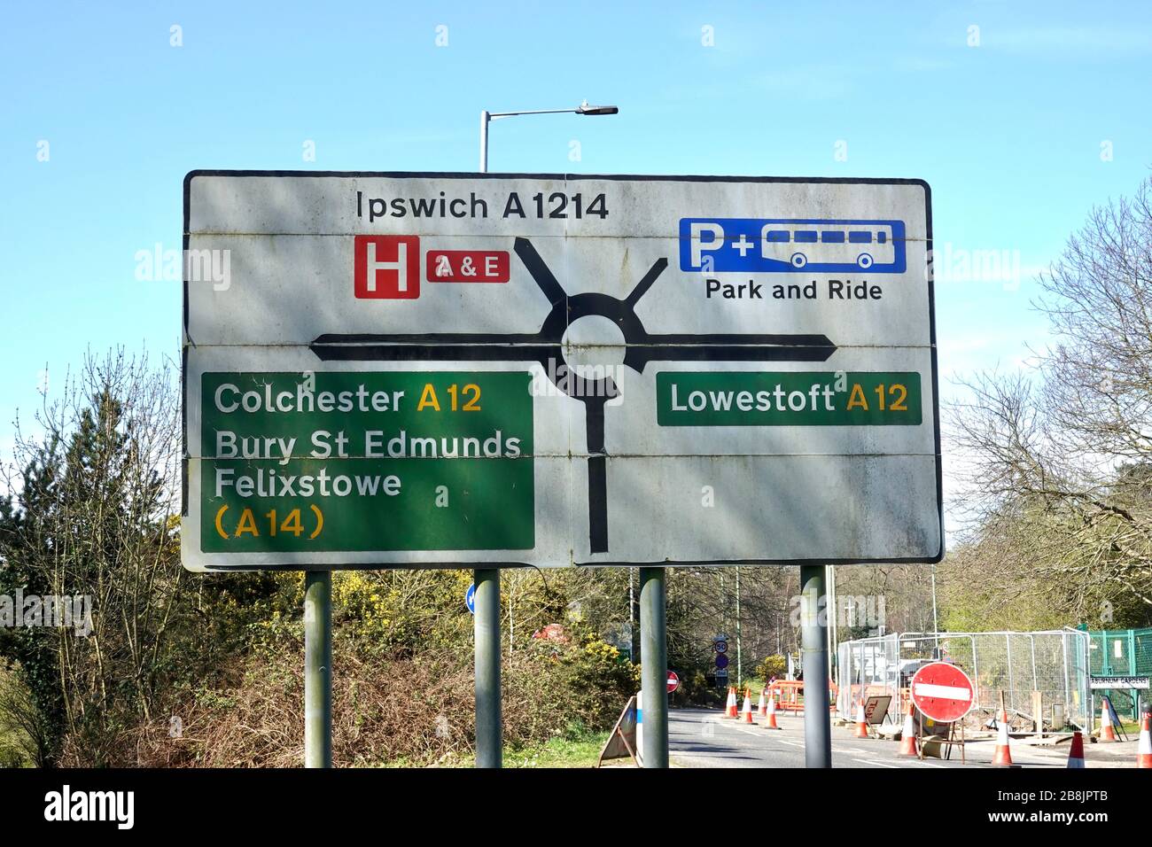 Ipswich, Suffolk - 22 March 2020: Road sign in Martlesham for A12 and ...