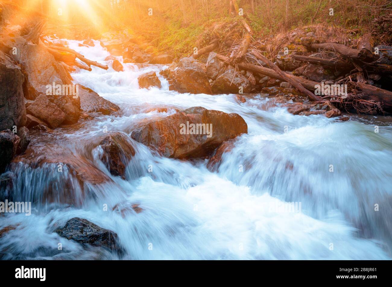 Waterfall mountain view close up. Mountain river waterfall landscape ...