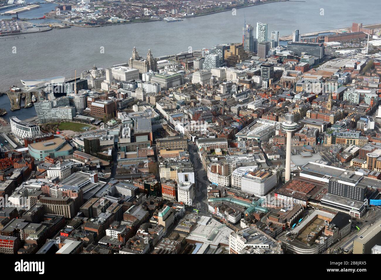 aerial view of Liverpool city centre looking towards the Liver Building ...
