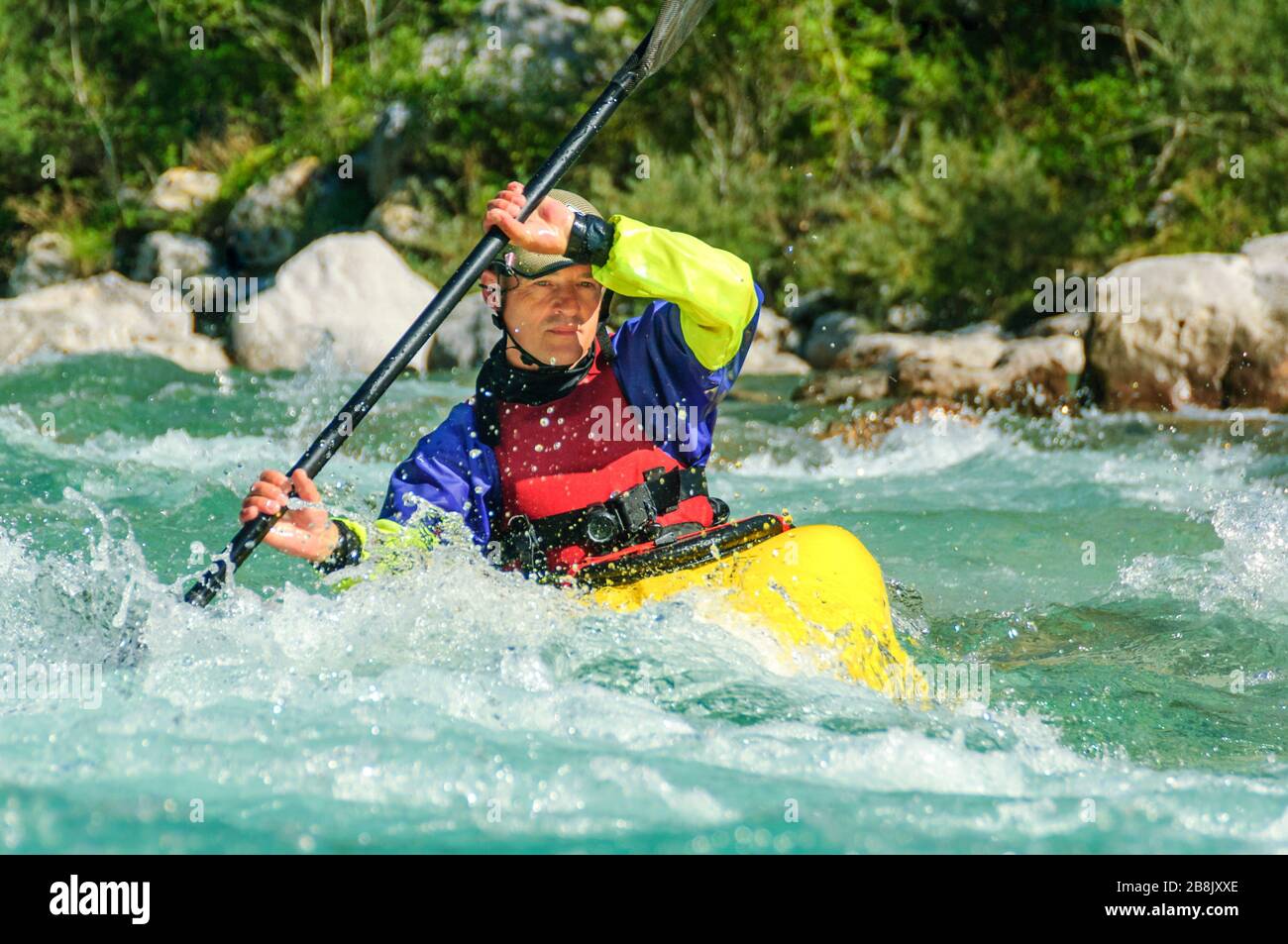 Kayaking on a wild alpine river in Slovenia Stock Photo - Alamy