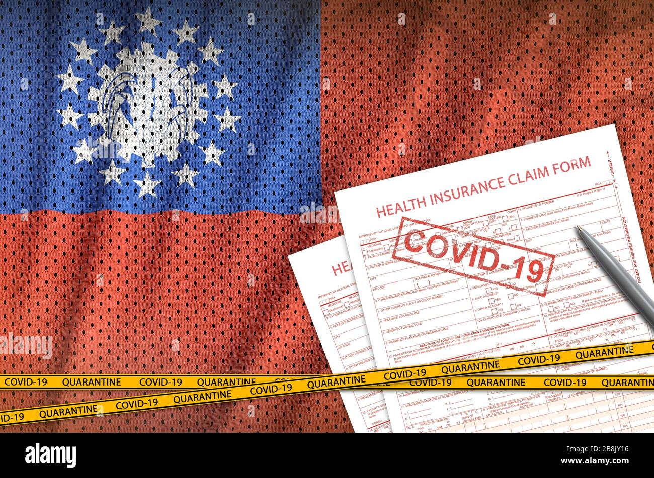 Myanmar flag and Health insurance claim form with covid-19 stamp ...