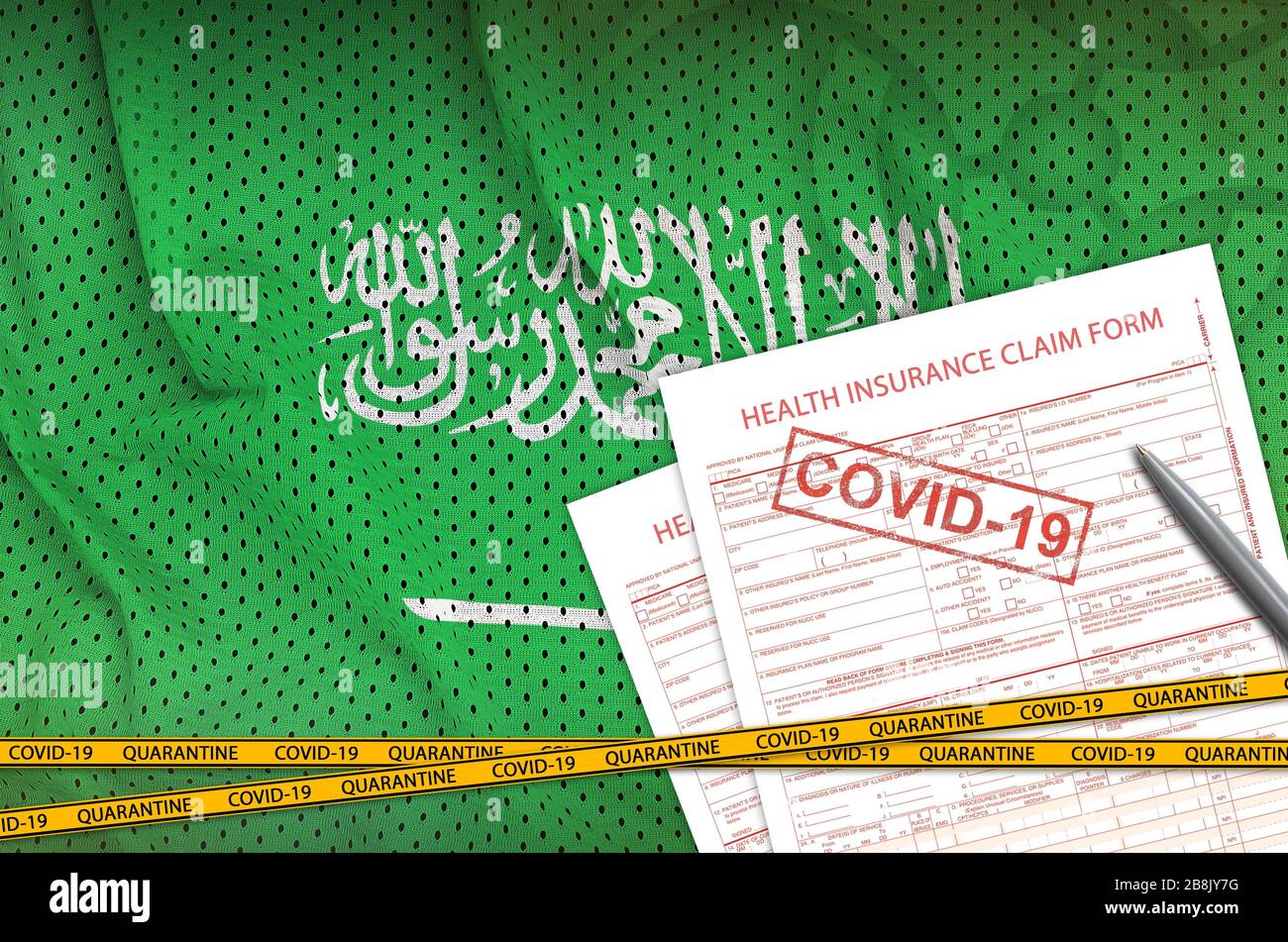 Saudi Arabia flag and Health insurance claim form with covid-19 stamp ...