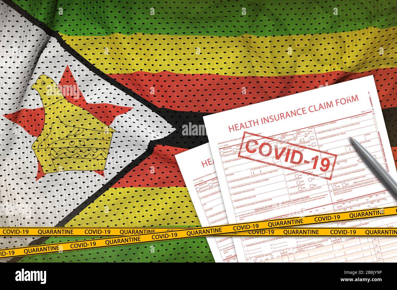 Zimbabwe flag and Health insurance claim form with covid-19 stamp ...