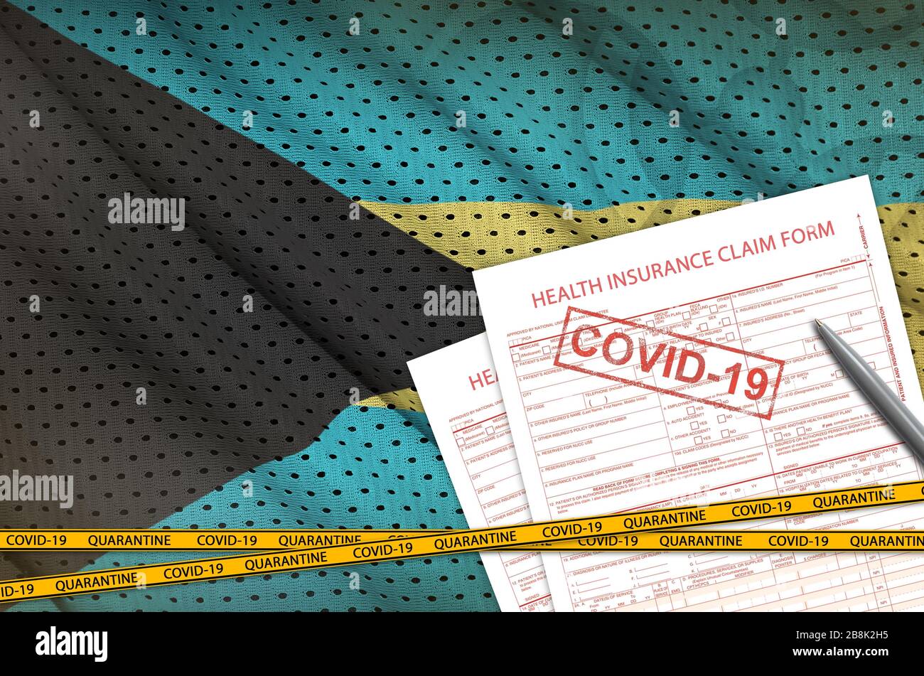 Bahamas flag and Health insurance claim form with covid-19 stamp ...